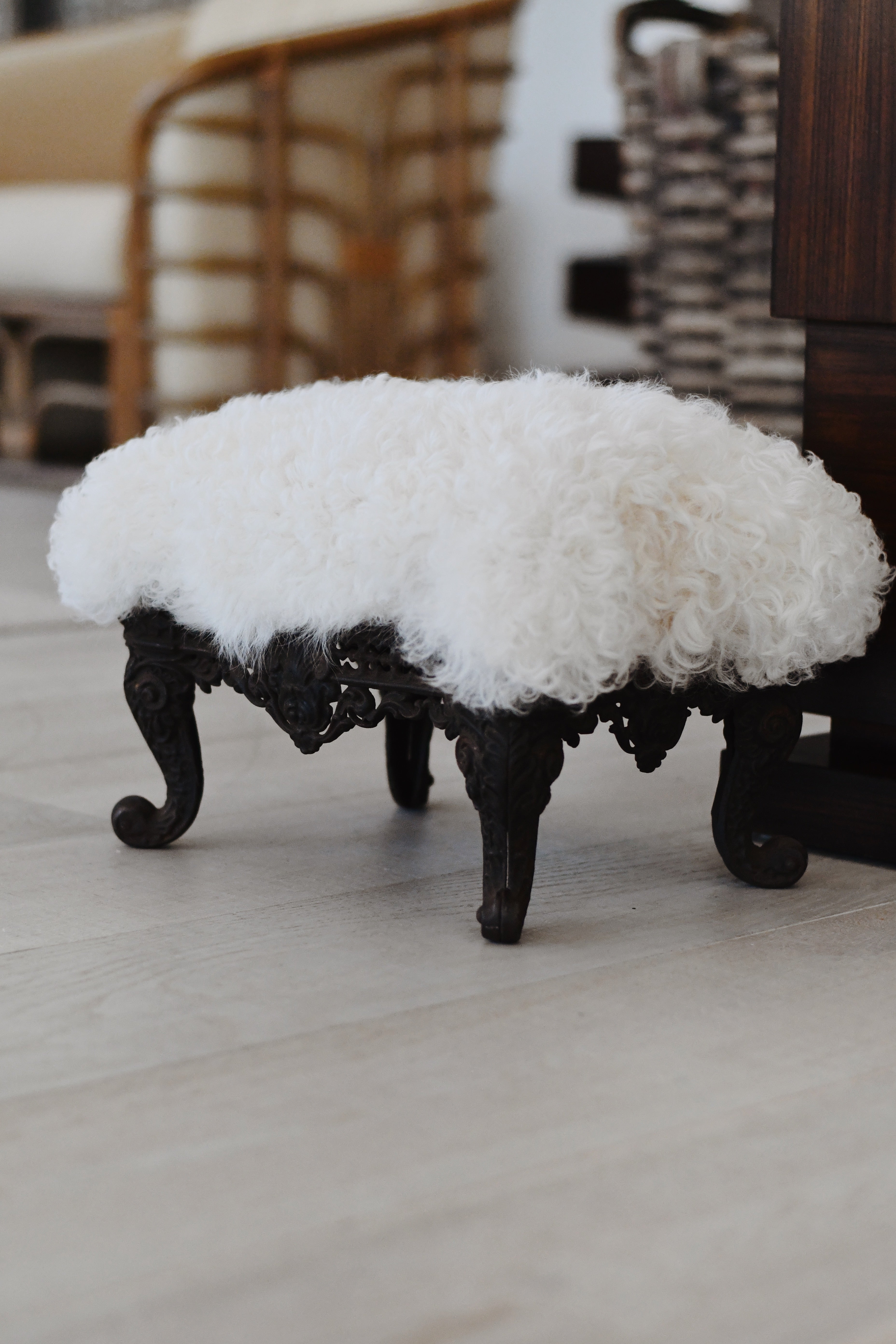 Cast iron Foot Rest w Sheep Wool